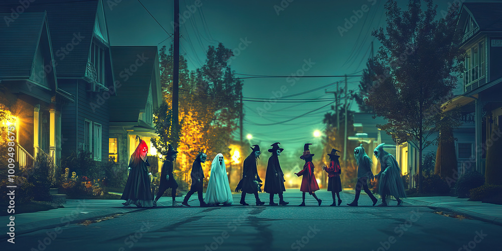 Spooky Stroll: A group of friends dressed up as ghosts, witches, and ...