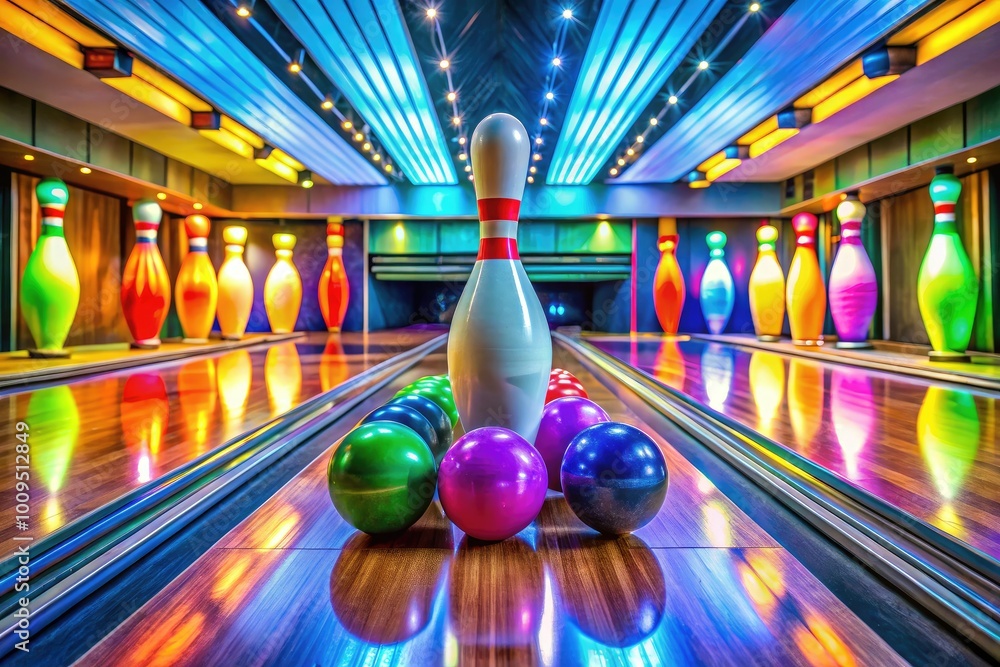 Brightly lit bowling lane arrows in a lively alley point players ...
