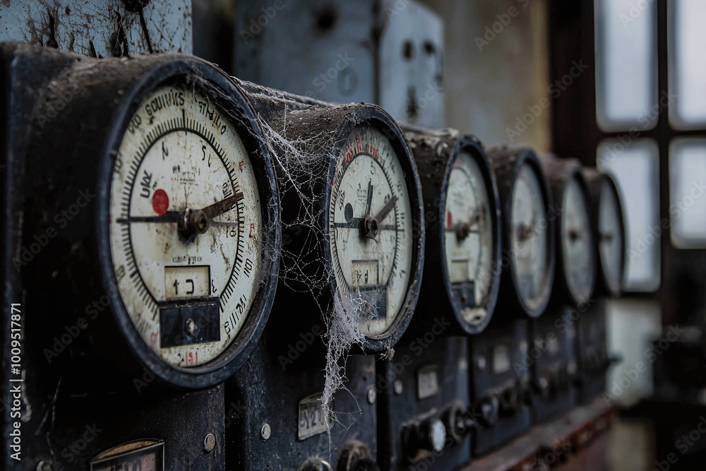an abandoned control room in a derelict power plant, featuring analog ...