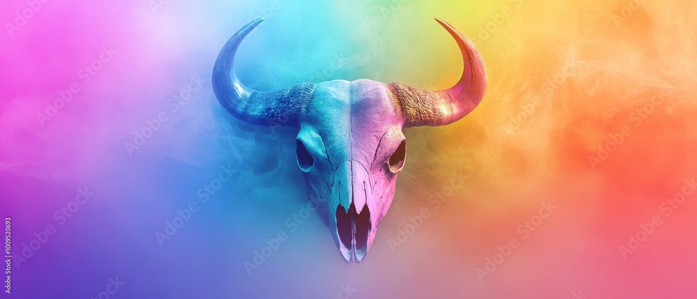 Rainbow Buffalo Skull: A buffalo skull with horns painted in bright ...