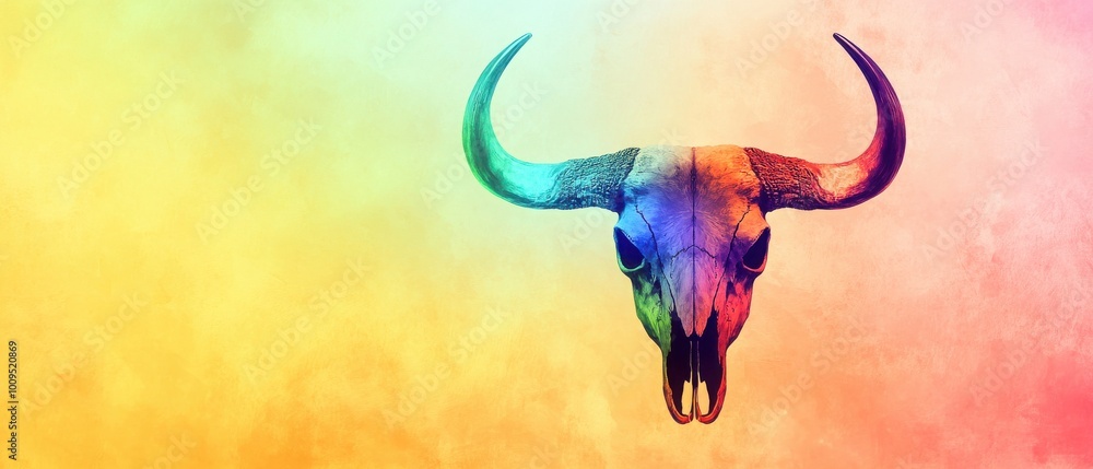 Rainbow Buffalo Skull: A buffalo skull with horns painted in bright ...
