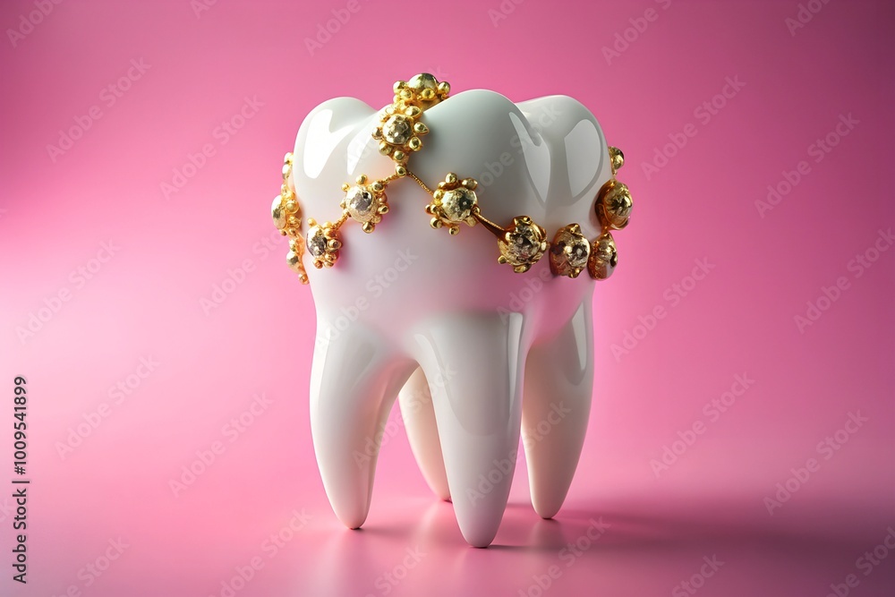 White tooth with gold decorations on a pink background, creating a ...