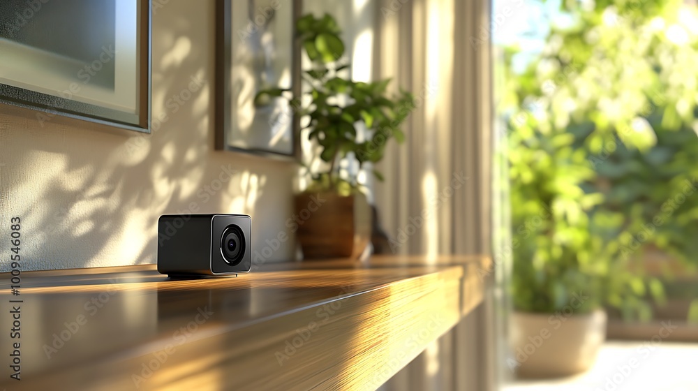 discreet indoor camera placed on a shelf. The camera is cube-shaped ...