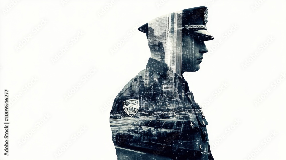 Double exposure image of a white male police officer in uniform, city ...