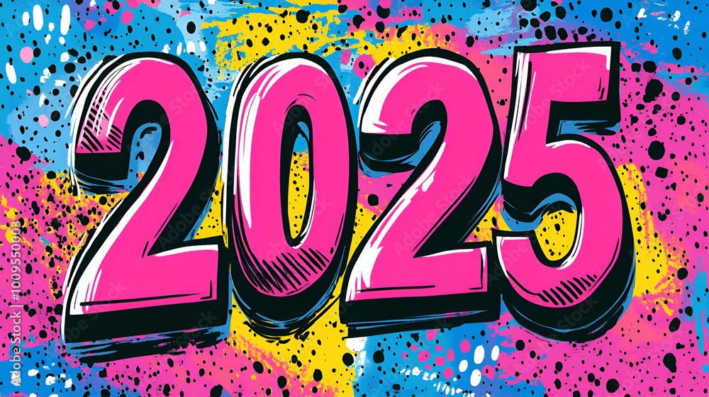 Pop art: Bold, colorful numbers in a comic book style and big "2025" on ...