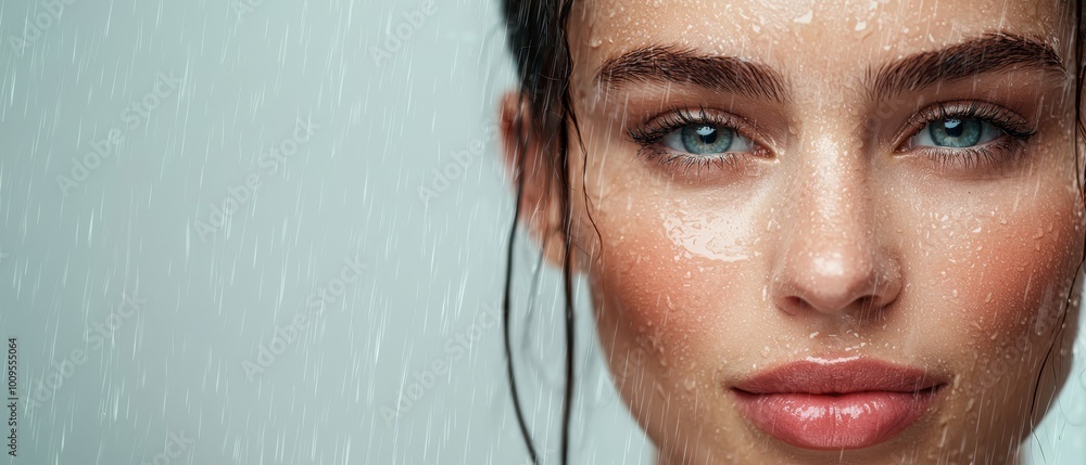 rain cascades, kissing her cheeks; winds whip hair in disarray Stock ...