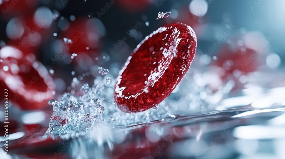 A single red blood cell splashing in liquid represents vitality and ...