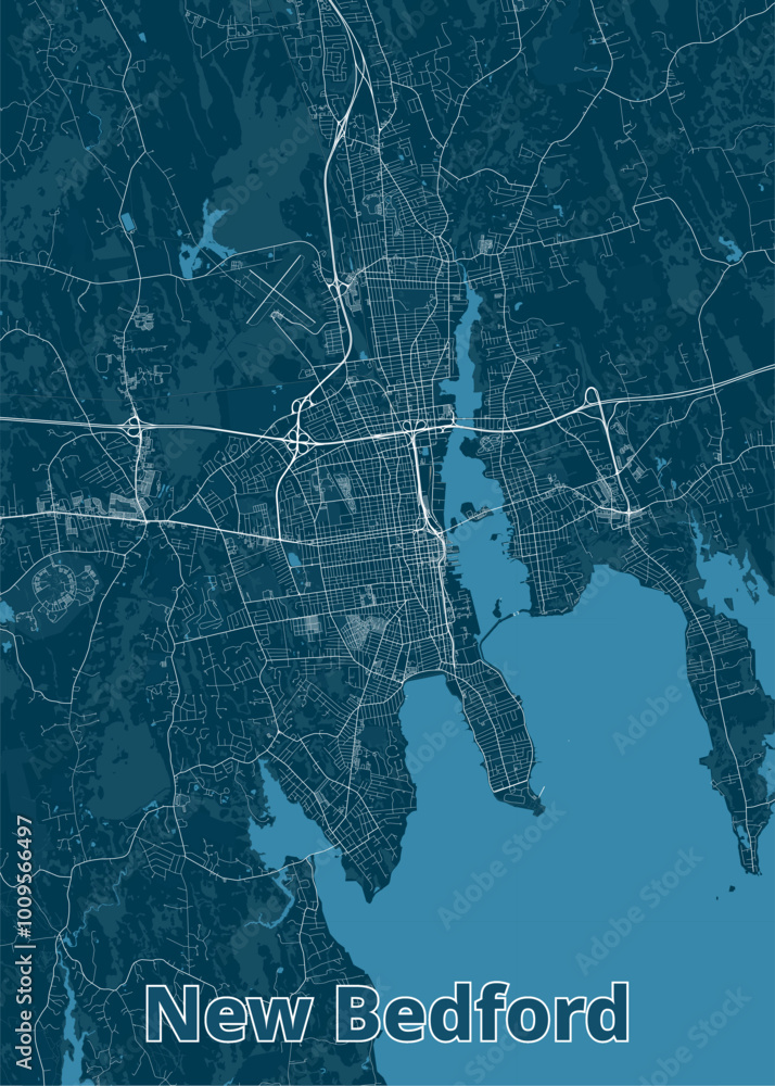Detailed street map of New Bedford, Massachusetts. The map is rendered ...