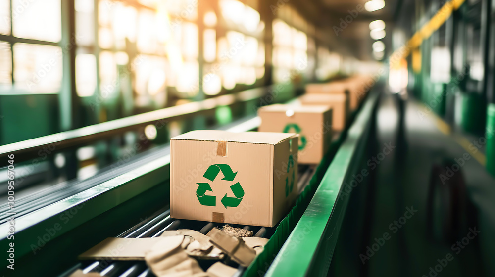 Cardboard boxes for reprocessing or upcycling on a conveyor belt in a ...