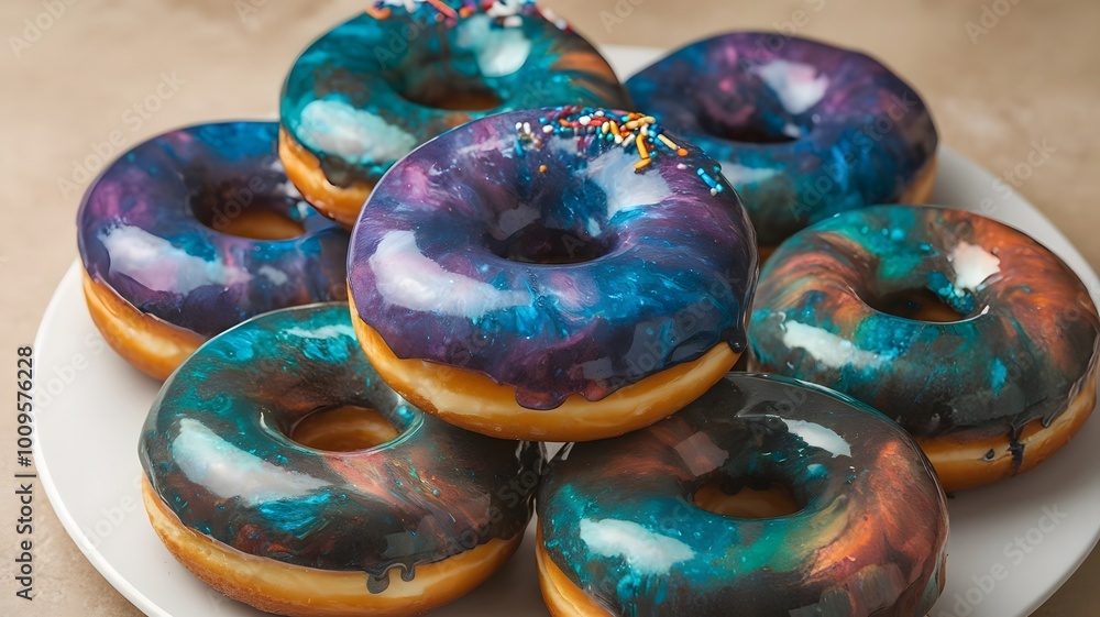 Galaxy Donuts, Donuts with a shiny glaze resembling the swirling colors ...