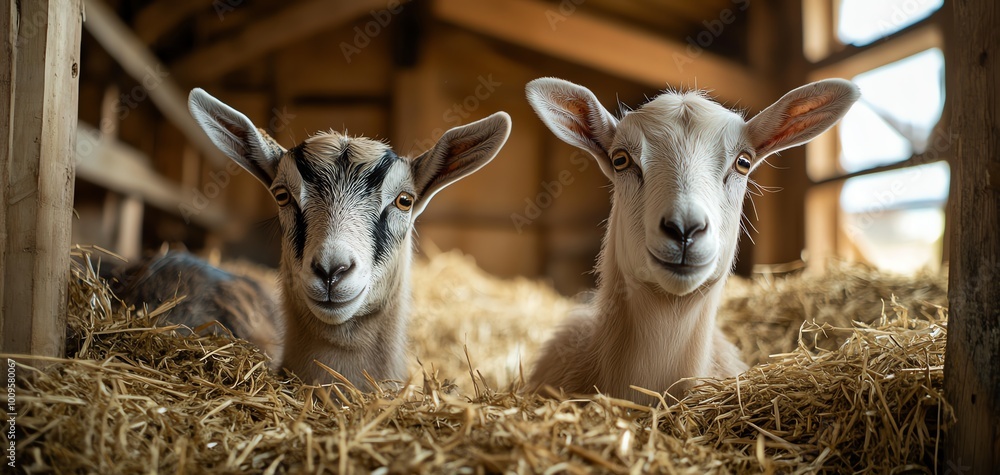 Two adorable goats resting on straw inside a wooden barn enclosure ...