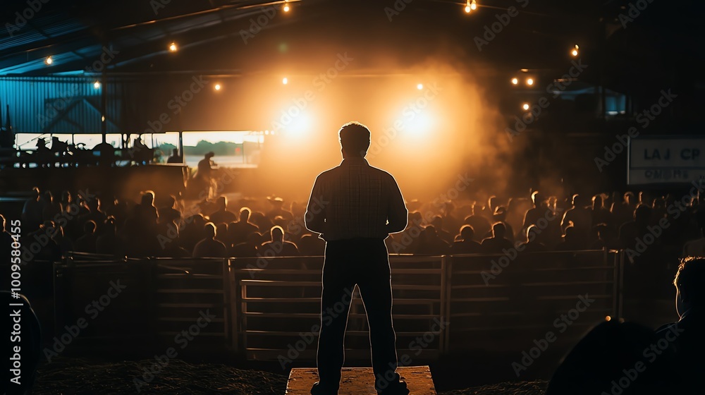 Silhouette of a man addressing a packed audience on stage under bright ...