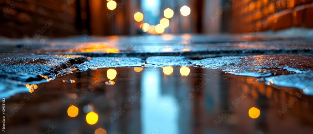 A puddle of water reflects a street light's glow on the ground in front ...