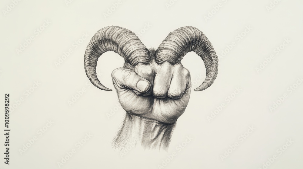 a pencil drawing of a fist making the sign of the devil. The fingers ...