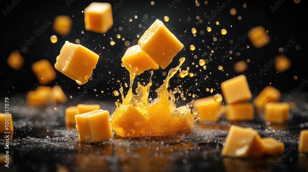 Cheese cubes are bouncing in the air with a dynamic splash effect, Cheese dices flying ...