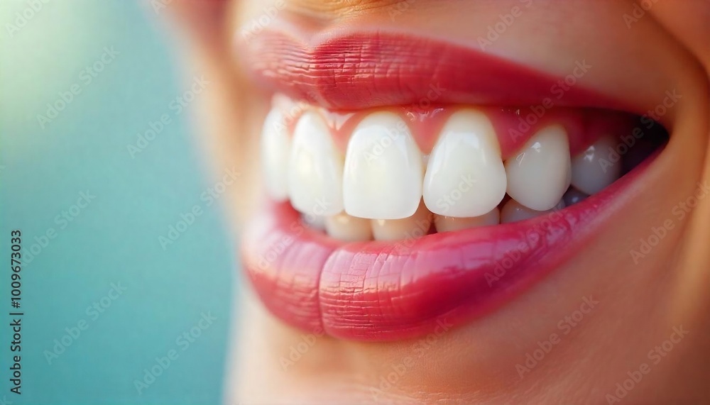 upper row of spotless white teeth and gums, closeup blur background ...
