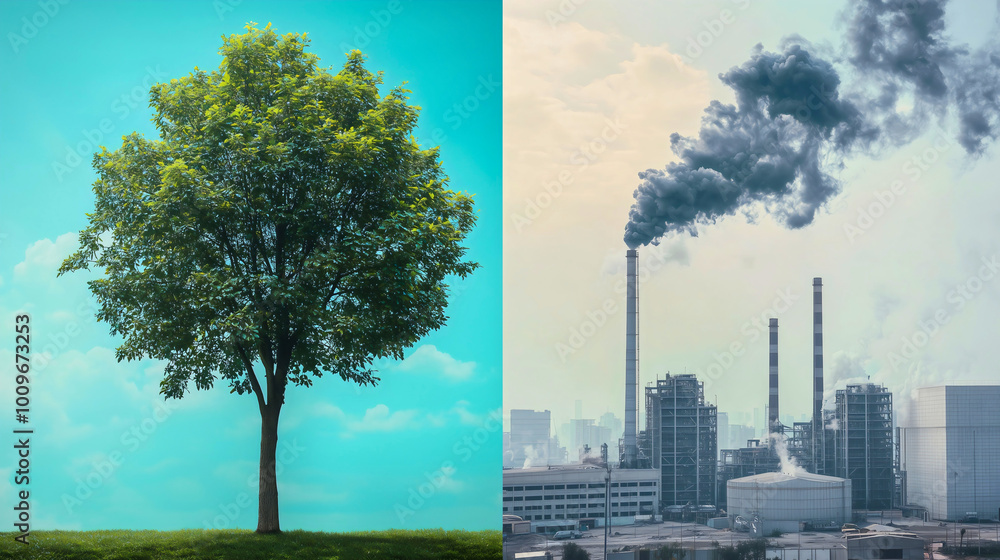 The image shows the contrast between green energy and a healthy, green ...