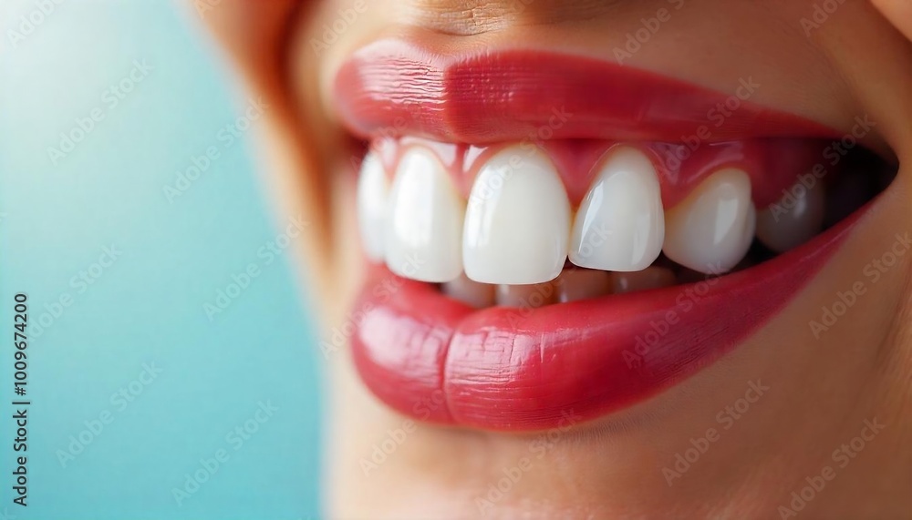 upper row of spotless white teeth and gums, closeup blur background ...