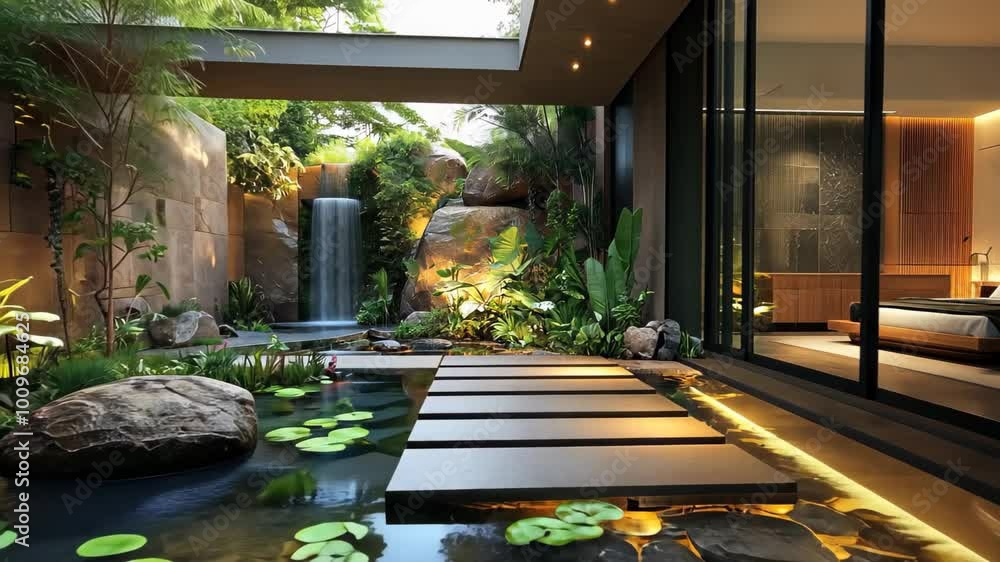Luxurious zen biophilic interior atrium design, Tranquil indoor water ...