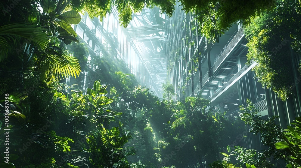 eco-friendly and sustainable urban jungle concept, featuring futuristic ...