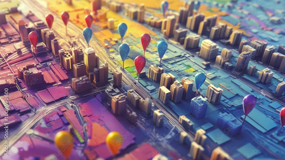 Colorful map with multiple location pins representing different points ...