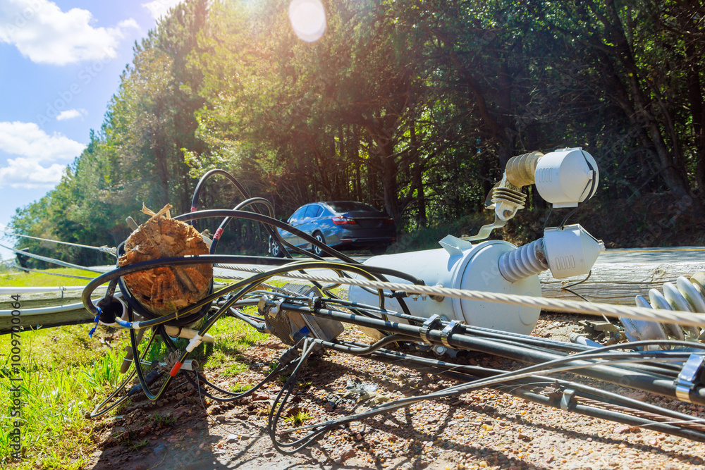 Strong hurricane caused fall down electric poles with broken wires ...