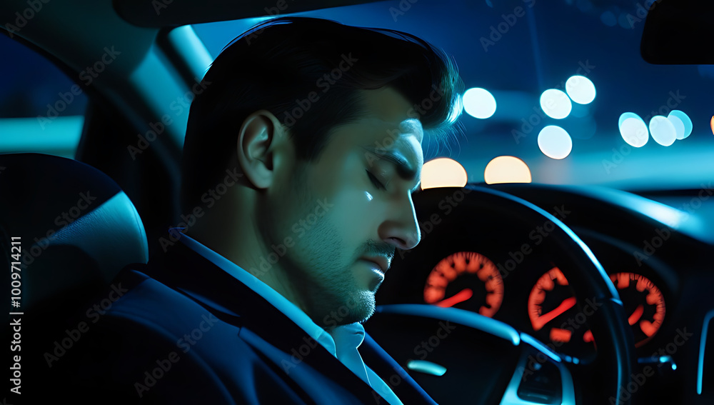 closeup man sleeping driving tired drowsy risk accident unsafe road ...