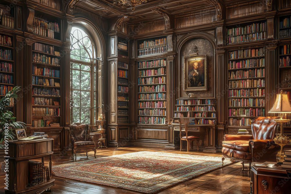 Vintage-inspired library room: A timeless haven for book lovers. Stock ...