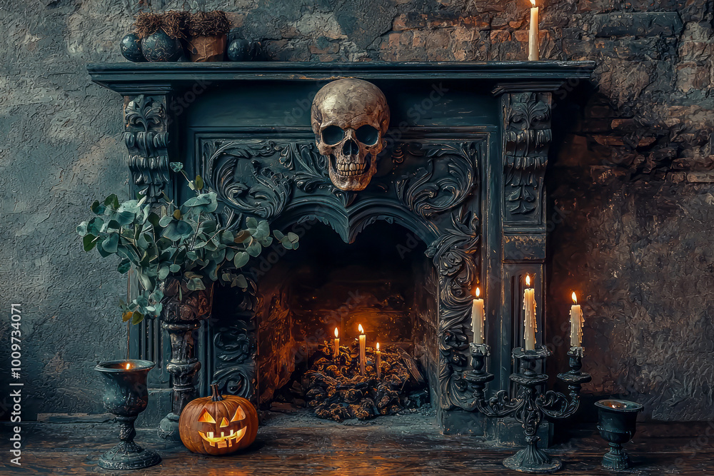 Enchanted Halloween Scene: Skull, Candlestick, and Vintage Fireplace ...