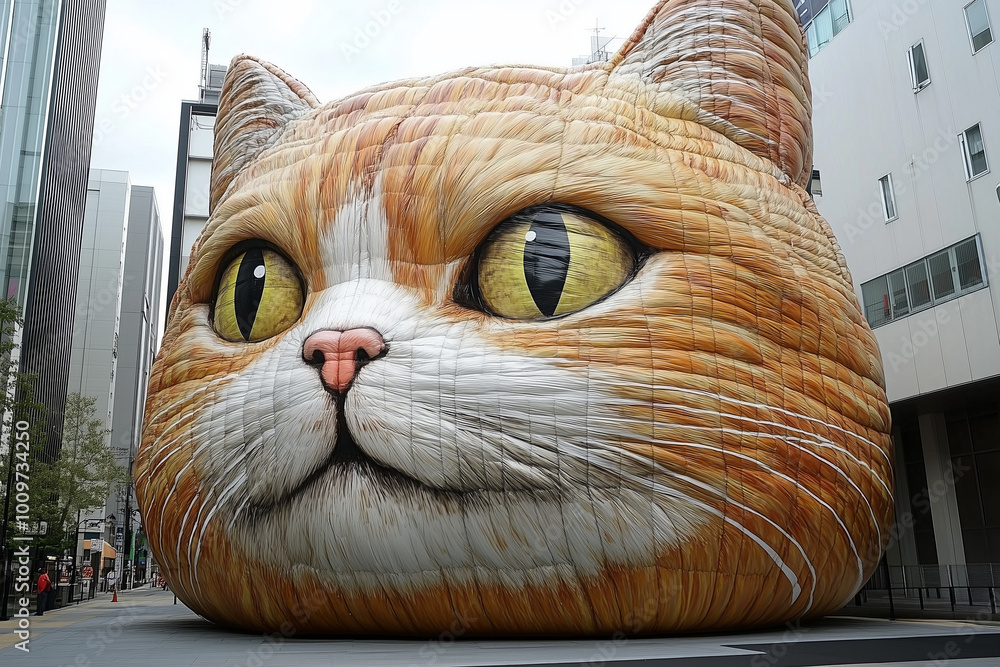 Giant inflatable cat head in urban setting, looking directly at viewer ...