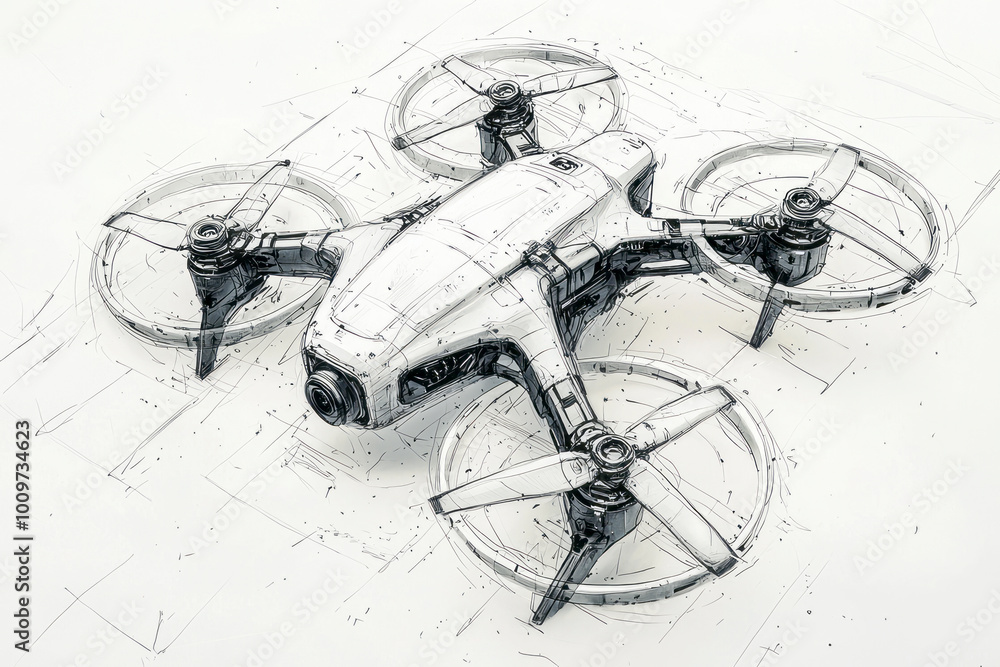 Highly detailed drone concept art in monochrome palette, industrial ...