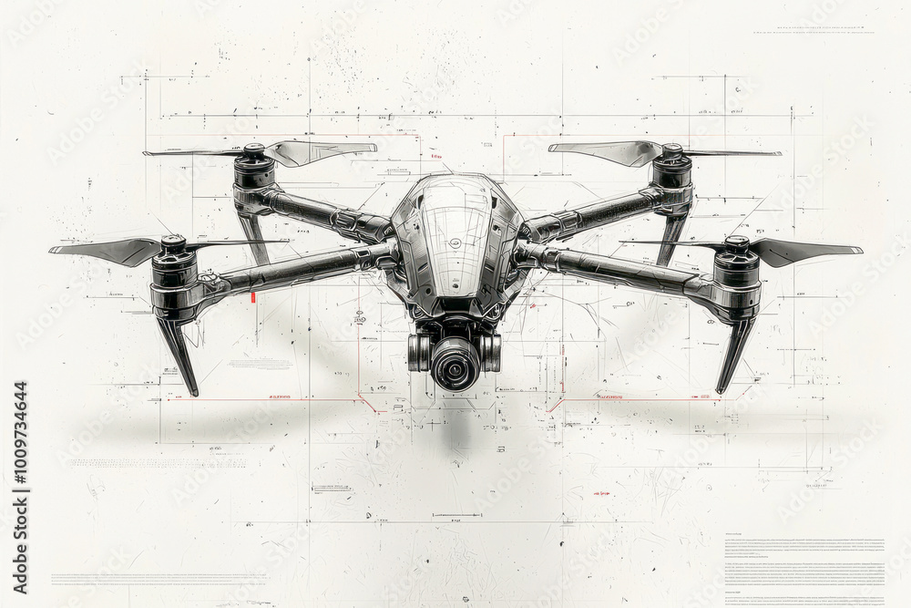 Highly detailed drone concept art in monochrome palette, showcasing ...