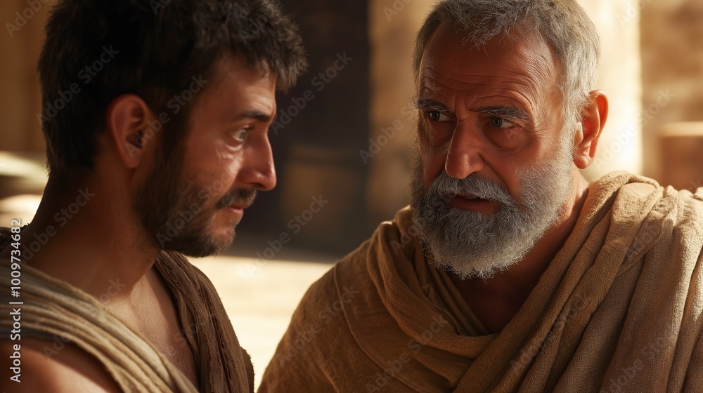 prodigal son talking heavily with his father inside a house․ Biblical ...