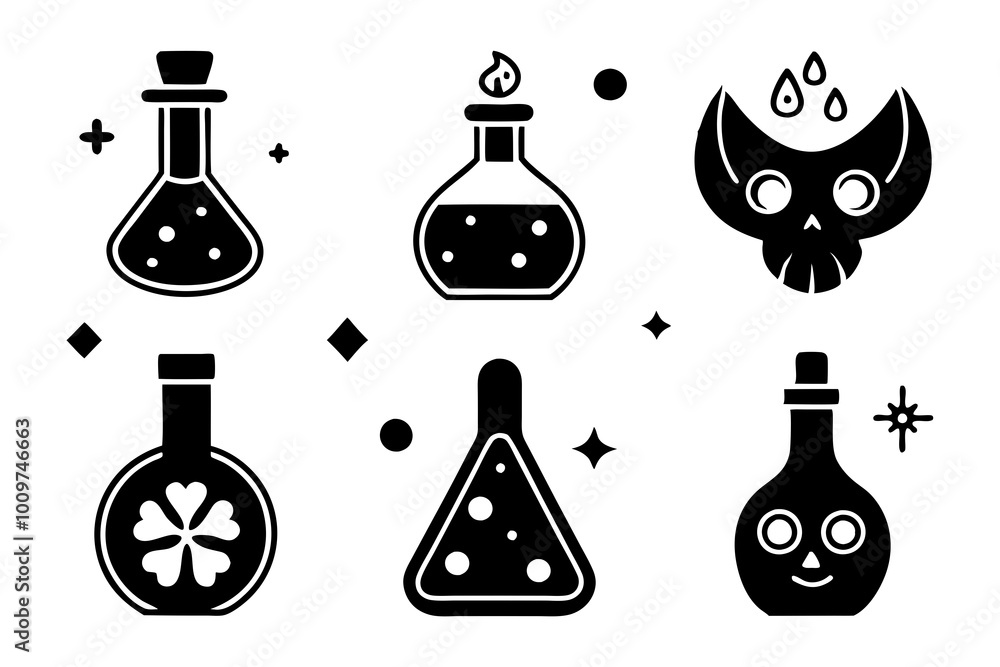 Vetor do Stock: Potion bottles with magic elixir and tags, cartoon ...
