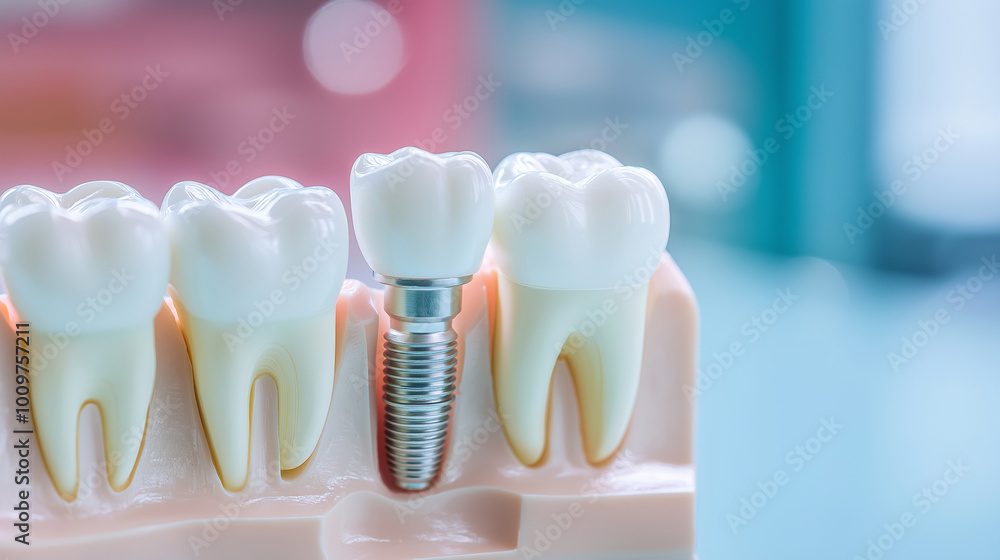 Dental prosthetics model showcasing teeth implant next to healthy ...