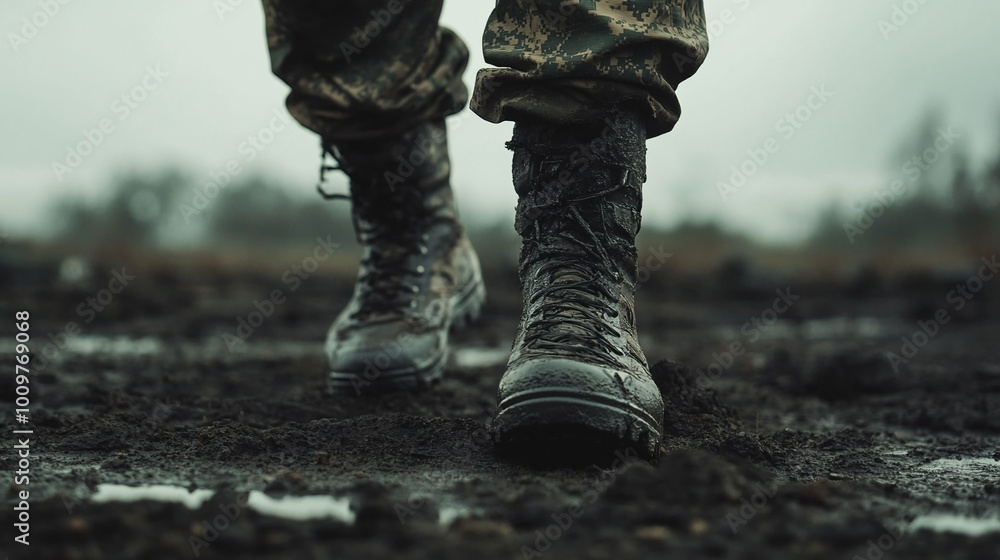 Legs of a military soldier in combat boots walking through mud. War ...