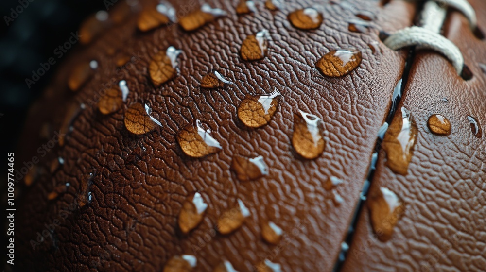 Close-up of a wet football showing droplets on its surface after a rain ...