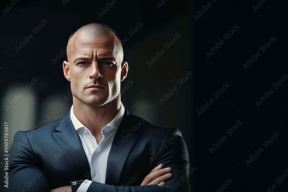 Serious looking, muscular businessman, shaved, bold, survival of the ...