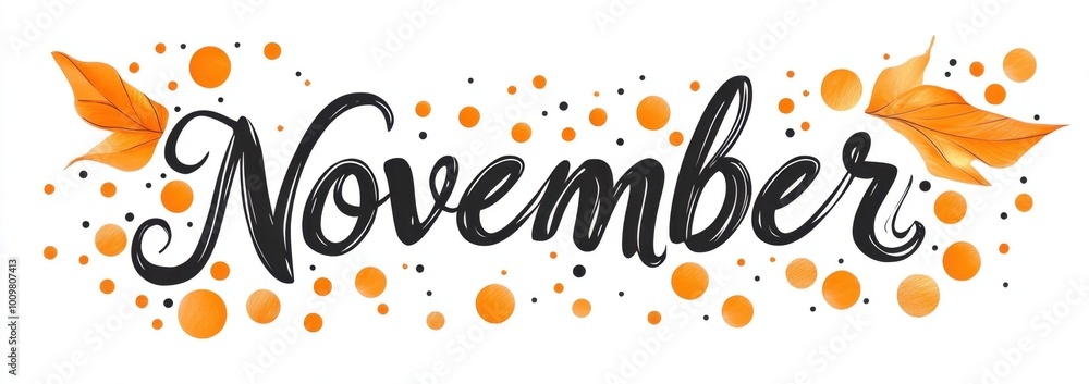 Hand-lettered calligraphy text "November", white background, orange ink ...