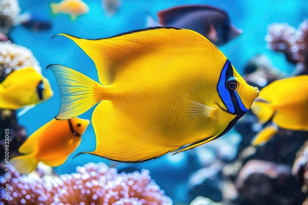 Grupo de peces tropicales de colores brillantes nadando en un acuario ...