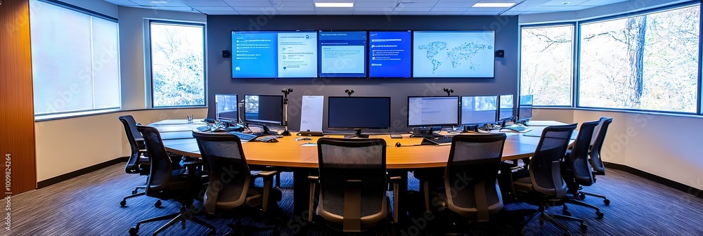 A conference room setup for ad campaign strategy planning with large ...