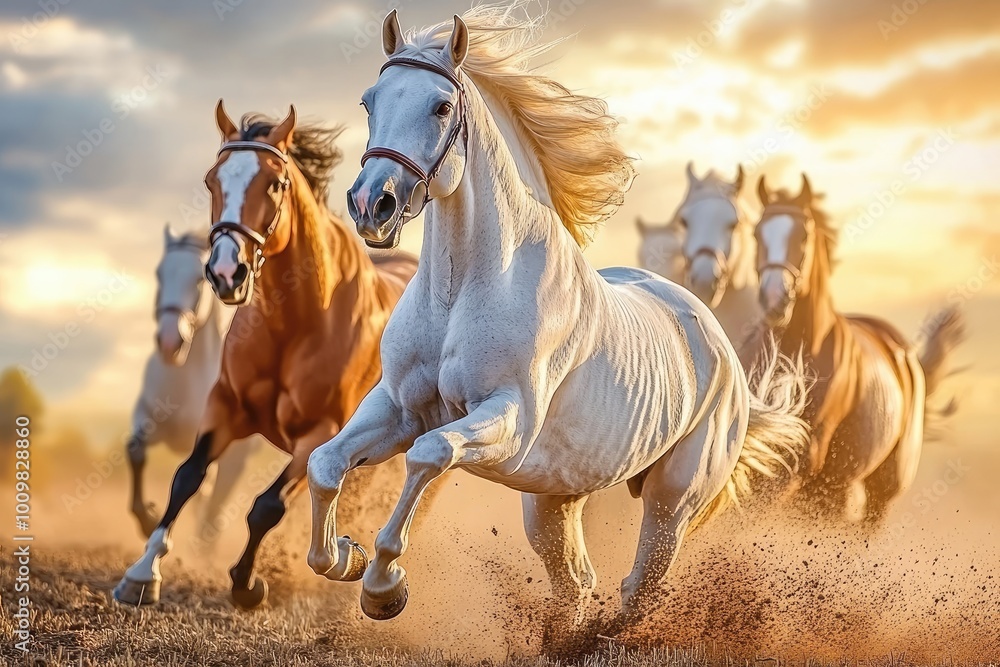 Grupo de caballos galopando en un prado amplio durante el atardecer ...