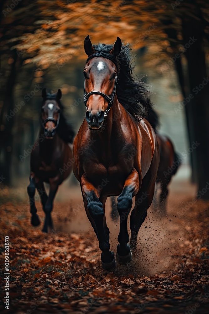 Grupo de caballos galopando en un prado amplio durante el atardecer ...