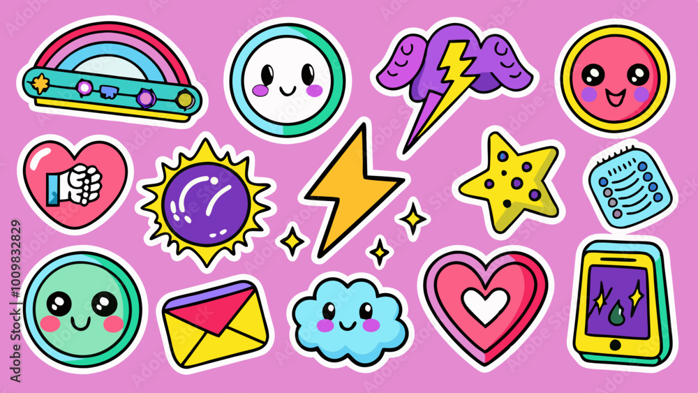 Vector set of cute funny patches and stickers in 90s style. Modern ...