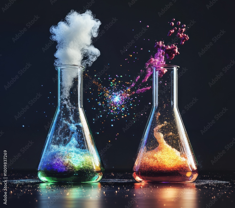 Two beakers filled with colorful liquids emitting vibrant smoke in a ...