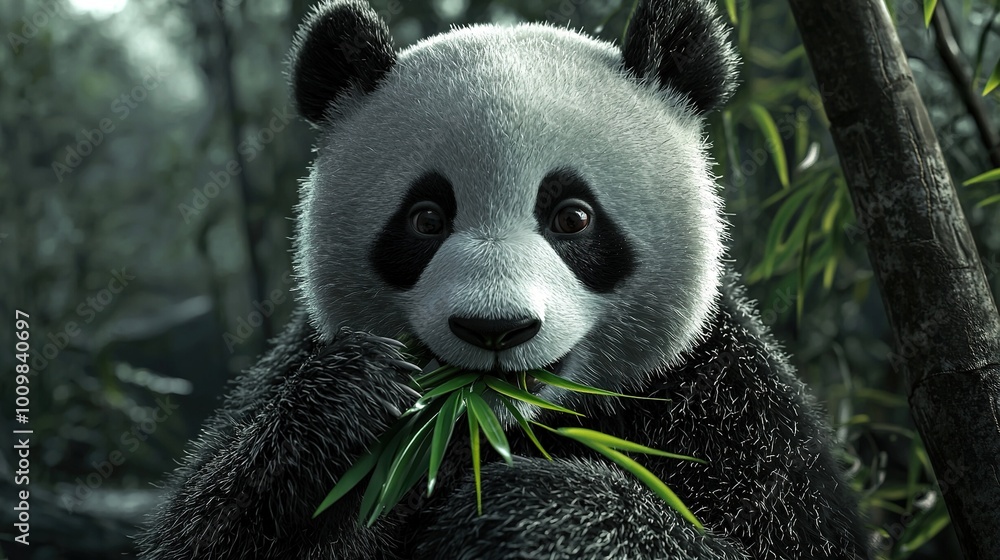 Black and white panda eating bamboo amidst trees in a wooded area, two ...