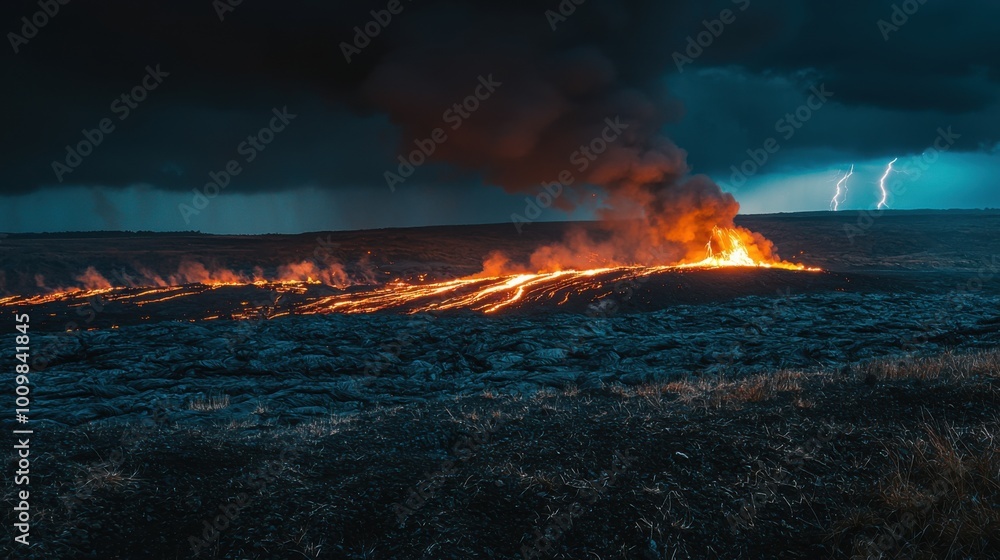 Dramatic volcanic eruption with flowing lava and lightning bolts ...