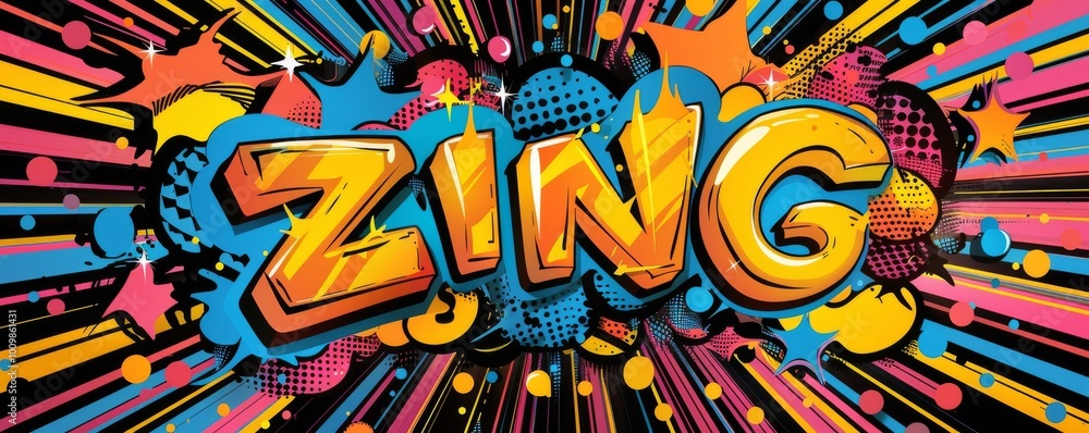 Energetic pop art background with "ZING" inside. Comic book elements ...