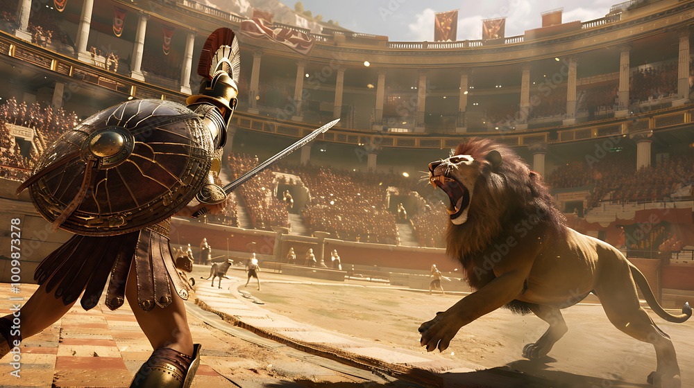 a dramatic scene of a gladiator in combat with a lion in an arena ...