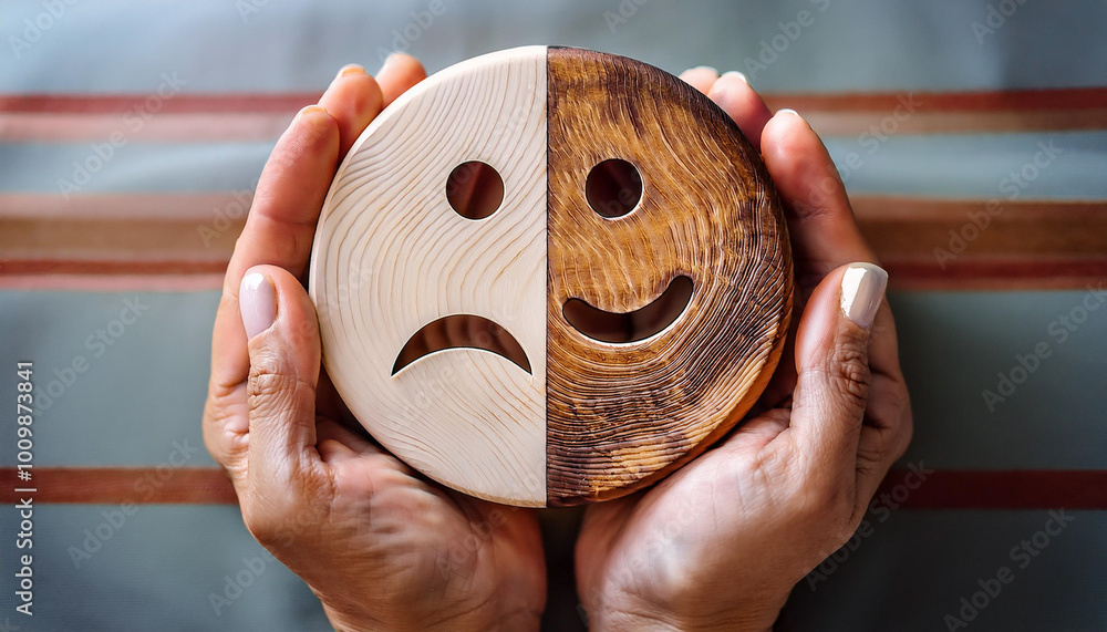 Wooden round with carved happy and angry faces, International Day of ...